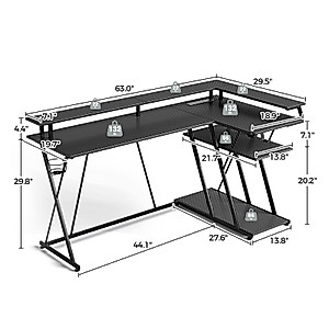 SEVEN WARRIOR L Shaped Gaming Desk with LED Lights & Power Outlets, 63” Reversible Corner Desk with Storage Shelf, Computer Desk with Monitor Stand, Gaming Table with Cup Holder, with Hooks, Black