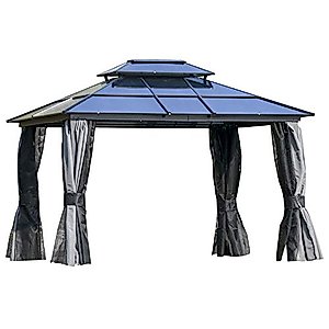Outsunny 10' x 12' Hardtop Gazebo Canopy with Polycarbonate Roof, Aluminum Frame, Permanent Pavilion Outdoor Gazebo with Netting, for Patio, Garden, Backyard, Deck, Lawn, Light Gray