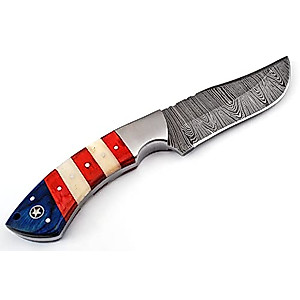 sharp knives Damascus hunting Knife With Leather Sheath- Best Damascus Steel American Flag Hunting Knife 703AF
