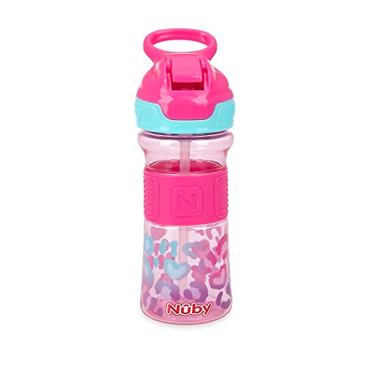 Nuby Thirsty Kids No Spill Flip-It Reflex Travel Cup with Soft Silicone Spout, 12 Oz, Pink Leopard