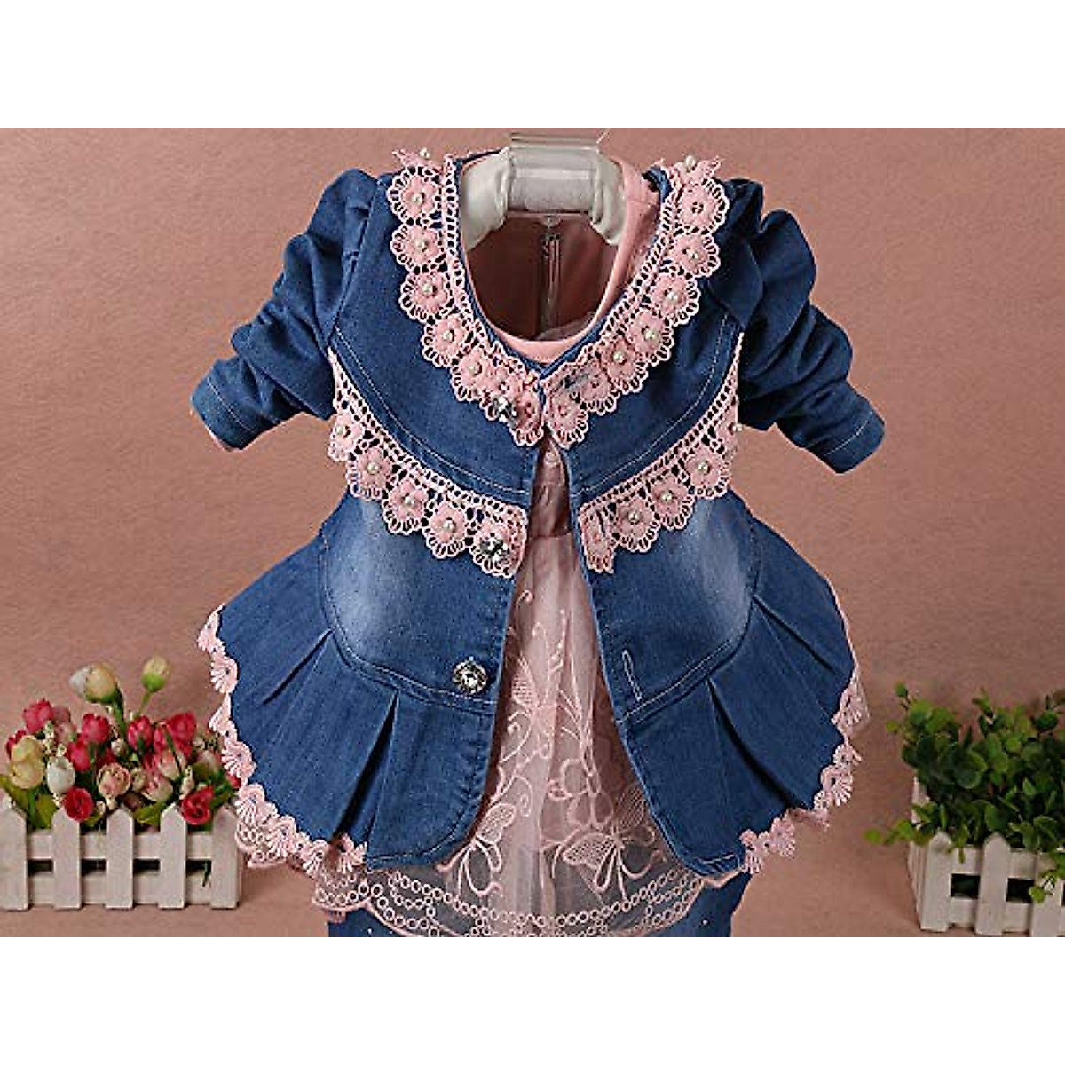 Yao 6M-4Y Infant 3Pcs Baby Girls Clothes Set Toddler Outfits Lace Dress Jacket and Jeans (2-3Y,Flower-Pink)