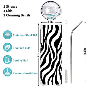 Honeybaby Trendy Zebra Coffee Tumbler 20 oz with Straw & Lid Leak Proof Tumbler Reusable Stainless Steel Tumblers Insulated Water Bottles Gifts for Women Men