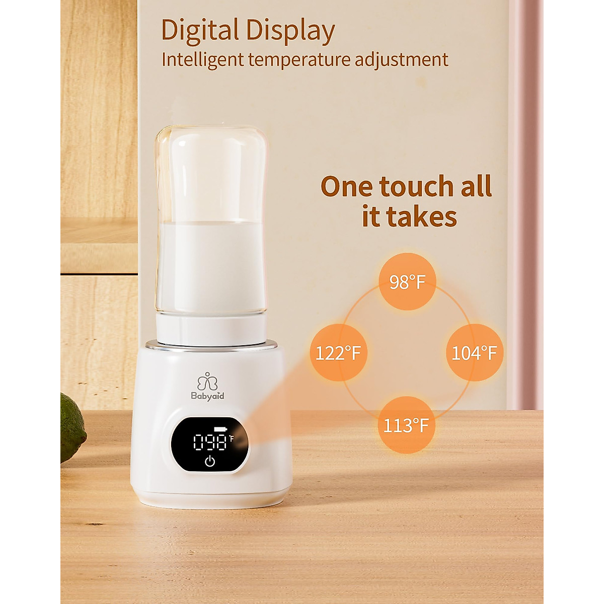 Babyaid Portable Bottle Warmer, Fast Heating Bottle Warmer with 4 Adapters, 4 Gears Temperature Smart Control Bottle Warmer, Cordless Trval Baby Bottle Warmer for Breastmilk or Formula, Pearl White