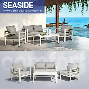 Outvita Outdoor Patio Furniture Set, 4 Pieces Aluminum Patio Conversation Sets, Modern Patio Sofa Loveseat Set with Coffee Table and 5 Inch Cushion for Patio Balcony Yard (White, 4pcs Set)