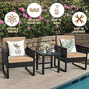 RELAX4LIFE 3-Piece Patio Furniture Set - Wicker Rattan Sofa Set, Bistro Set with Coffee Table, Seat & Back Cushions, Outdoor Conversation Set for Garden, Backyard, Poolside