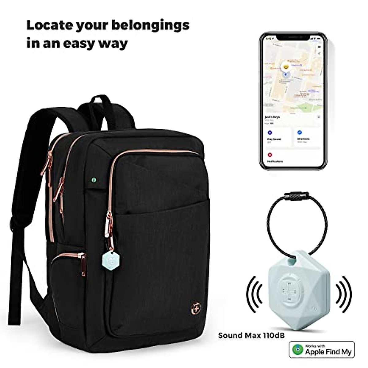 Swissdigital Design Katy Rose Backpack For Women Black with Rose Gold-Tone Zippers College Travel Laptop Backpack With Apple Find My network