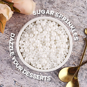 Edible Sprinkles for cake decorating, 7 ounces White Pearl Sugar Candy cupcake, cookies, ice cream toppings cake decorations for wedding shower party Anniversary