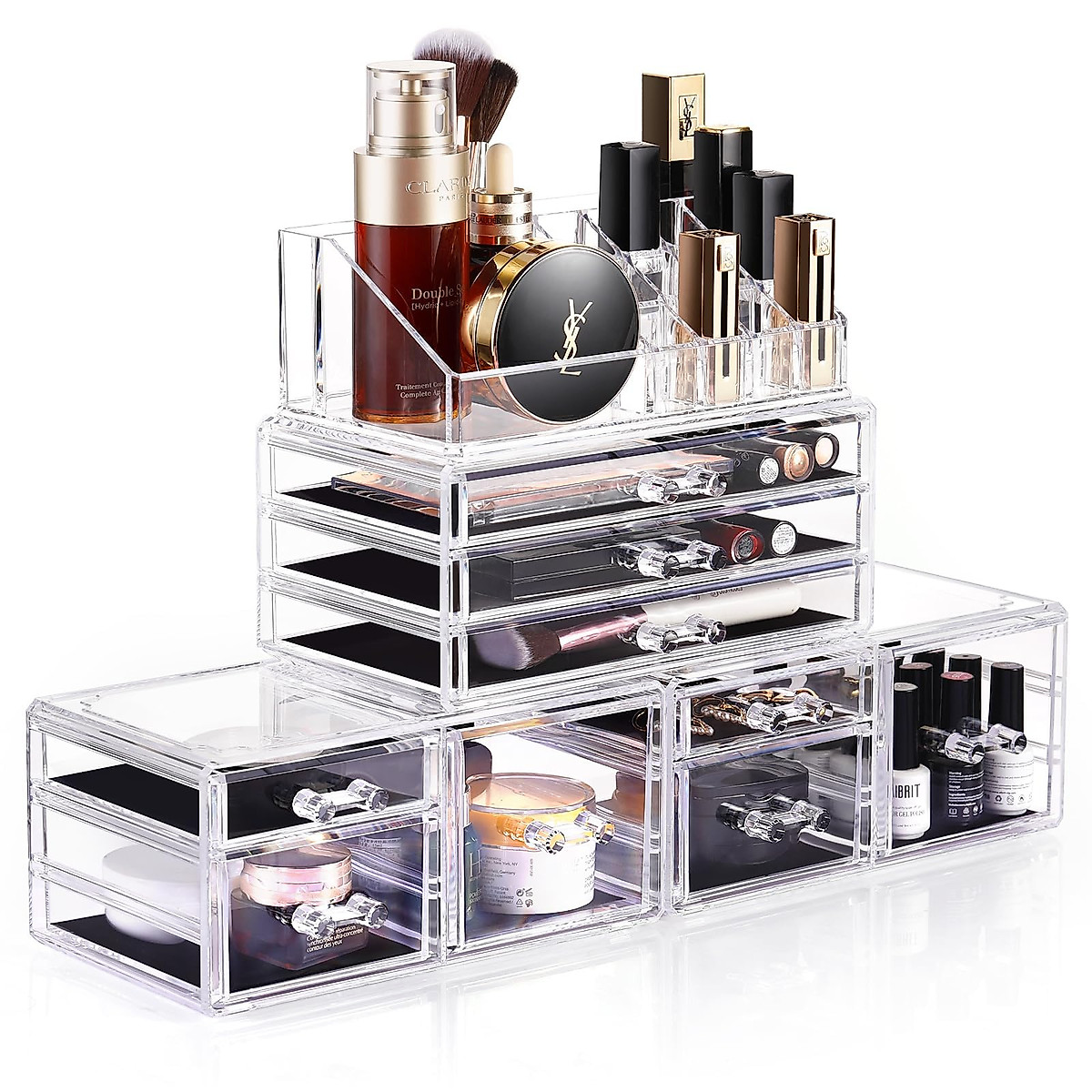 DreamGenius Makeup Organizer 4 Pieces Acrylic Makeup Storage Organizer Box with 9 Drawers for Lipstick Jewerly and Makeup Brushes, Stackable Cosmetic Display Cases for Dresser and Bathroom Countertop