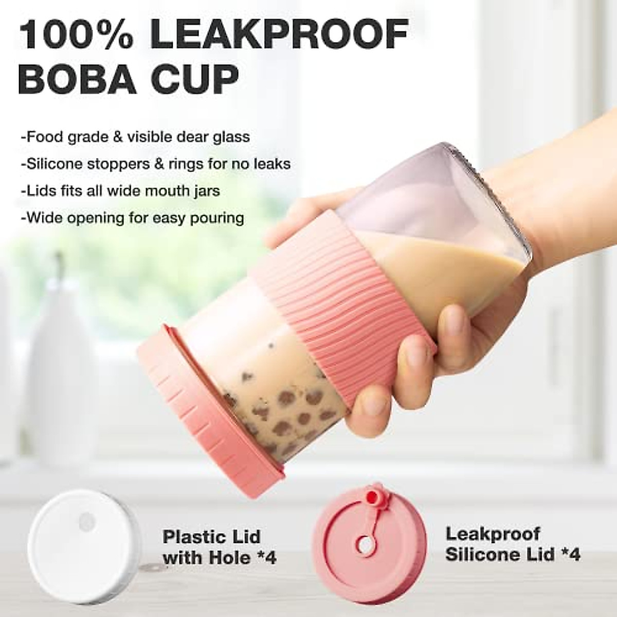 Mfacoy (4 Pack x 2 Size Boba Cup, 24oz & 16oz Bubble Tea Cup, Smoothie Cups with Lids and Stainless Straws, Reusable Boba Cup, Wide Mouth Mason Jar Drinking Glasses with Silicone Sleeve for Travel