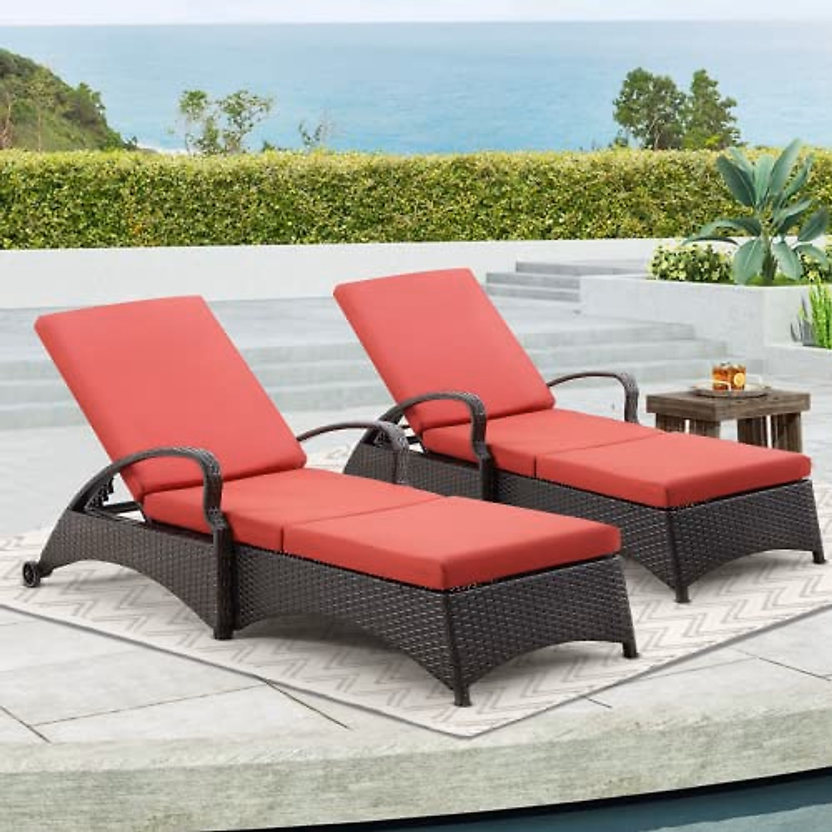 BNEHS Patio Lounge Chair, Chaise Lounge Outdoor, Rattan Sun Chair with Adjustable Back& Removable Cushions, Suitable for Poolside, Porch, Garden, Set of 2 Red