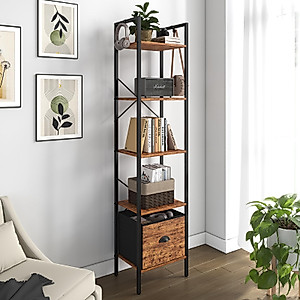 5 Tier Bookshelves,Tall Narrow Bookcases with Shelves, Bookcase Storage Organizer,Industrial Bookshelf with Drawer,Display shelves for Living Room, Bedroom ,Kitchen and Office, Rustic Brown