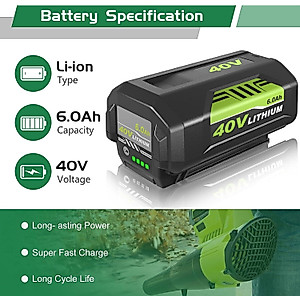 Munikind 6000mAh OP40601 Battery and Charger Replacement for Ryobi 40V Battery OP4050A OP4040 OP4030 OP4026A OP40201 ZROP4026 Compatible with Ryobi Battery 40 Volt Cordless Power Tool RY40180 RY40200