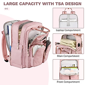 Mancro Travel Backpack for Women, 15.6 Inch Travel Laptop Backpack with USB Charging Port, Large School Backpacks for Girls, College Gifts Laptop Bookbag Teacher Backpacks, Pink