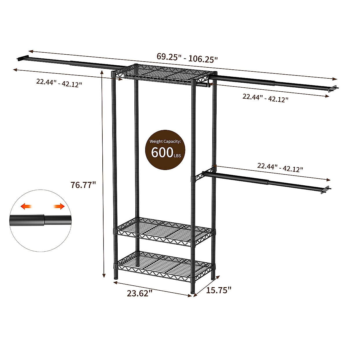 Golpart Closet Storage Organizer System,Expandable Wall Mounted Clothes Rack,3 Tiers Heavy Duty Metal Garment Rack with 3 Extendable Hanger Rods,Fits Space 5.7~8.8ft Width,76.77" H x 15.75" D