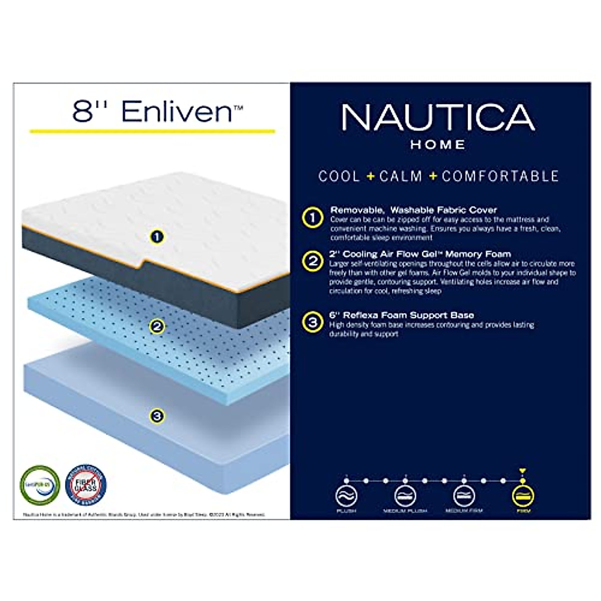 Nautica Home Enliven 8" Medium Gel Memory Foam Mattress with Cooling Air Flow and Pressure Relieving Foam Layers, Bed-in-a-Box, King, White