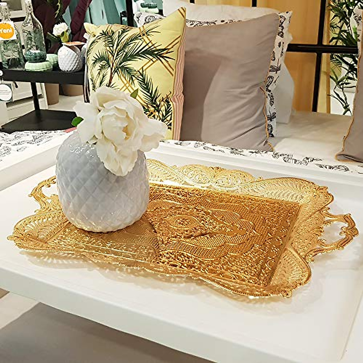 Gold Decorative Turkish Ottoman Tea Coffee Serving Tray with Handles Rectangle for Bar Outdoor Dresser Cups Moroccan Kitchen Perfume Table Party Wedding Vanity Bathroom Counter Candle