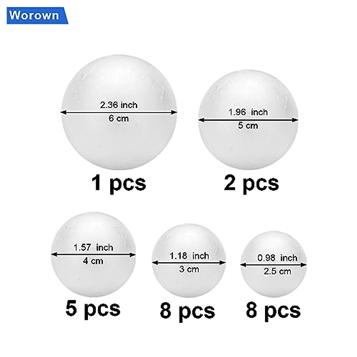Worown 24 Pack 5 Sizes (1 to 2.4 Inches) White Foam Balls, Solid Polystyrene Balls for Arts & Crafts, Ornaments School Projects Wedding Decorations
