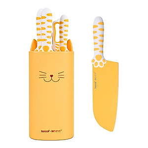 hecef Cute Kitchen Knife Set,5-piece Non-Stcik Knives Set with Detachable Block and Scissors,Sharp Kitchen Knives for Chopping, Slicing, Dicing and Cutting (Yellow)