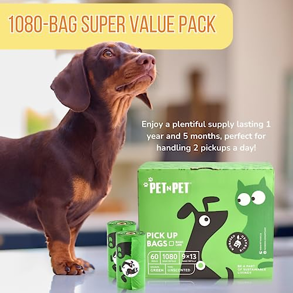 Pet N Pet Dog Poop Bag, Dog Poop Bags Rolls, Dog Bags, Doggie Poop Bags, 38% Plant Based & 62% PE Dog Waste Bags, Extra Thick Doggy Poop Bags, Cat Poop Bags, Dog Bag, Pet Waste Bags, Doggie Bags