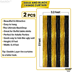 KatchOn, Xtralarge Black and Gold Streamers - 8x3.2 Feet, Pack of 2 | Black and Gold Fringe Curtain for Black and Gold Party Decorations | Black and Gold Backdrop, Graduation Decorations 2024
