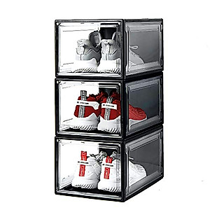 Shoe Box Storage - Black Drop Front shoe box with Clear Magnetic door - Stackable Mens and Womens Large Shoe Storage - Black Shoe Case - Shoe Display - Shoe Container - Clear Shoe Organizer - 3 Pack