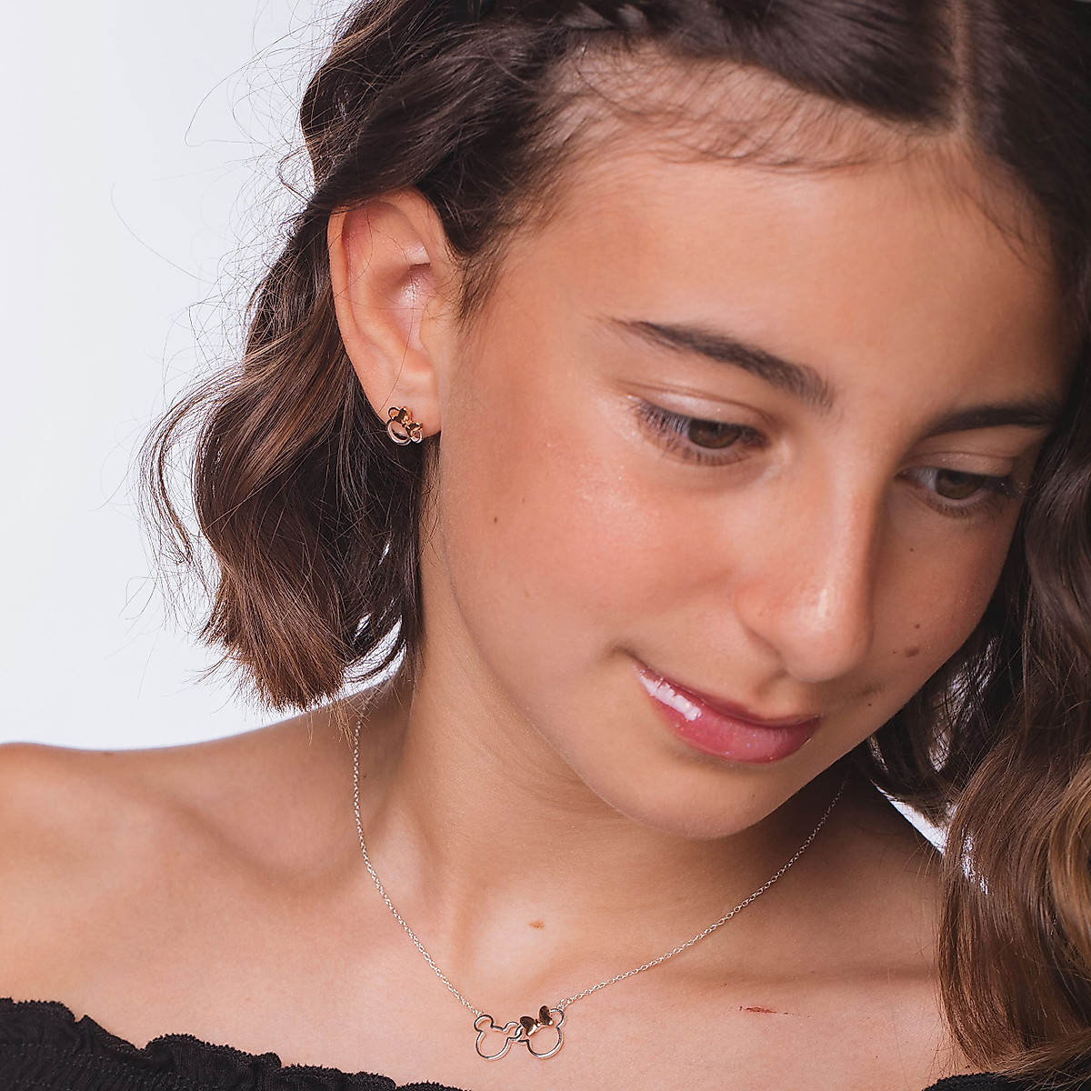 Disney Mickey and Minnie Mouse Jewelry for Women, Two Tone Interlocking Mickey and Minnie Pendant Necklace; Silver Plated, 18"