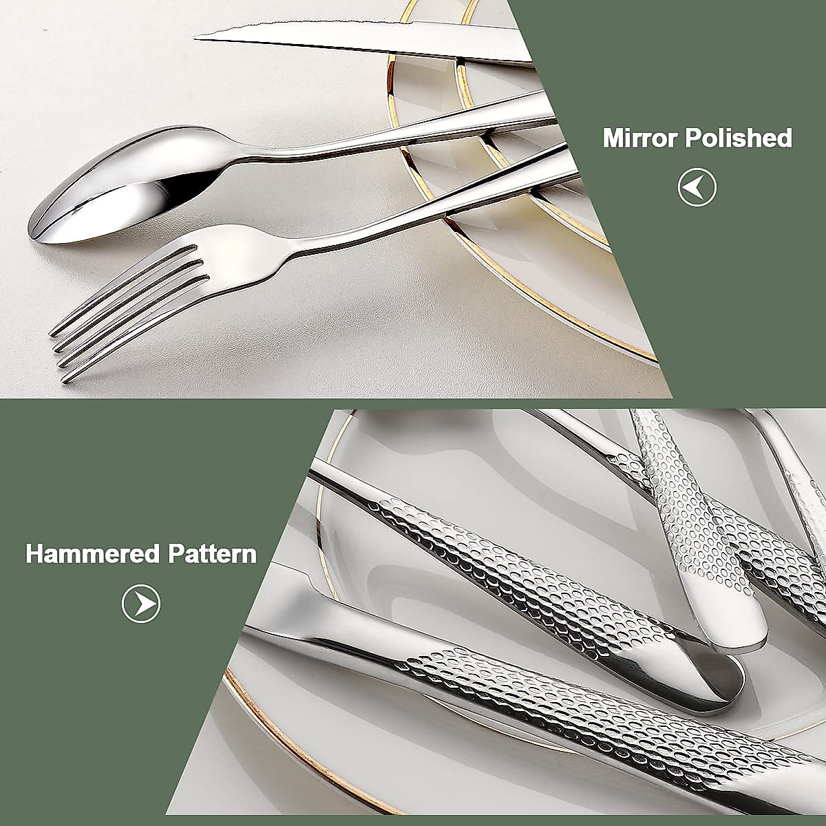 Stainless Steel Flatware Sets, 48-Piece Silver Hammered Sliverware Set with Steak Knife, Kitchen Utensil Set Service for 8, Mirror Polished Tableware Set For Home Restaurant Hotel