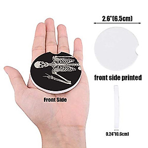 Cup Holders Car Coasters for Women/Men - 2 Pack Absorbent Ceramic Stone Drinks Coaster Set, Funny Skull Skeleton Halloween Victory