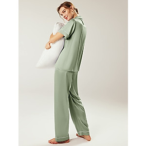 AW BRIDAL Silk Pajamas for Women Satin Pajama Set Button Up Bride Bridesmaid Pajamas Sleepwear Loungewear, Sage Green L