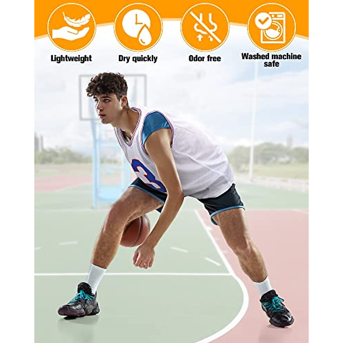 Funtery 12 PCS Men Basketball Jerseys Mesh Basketball Uniform 2XL Reversible Basketball Team Jersey for Men(White)