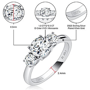 Hitlinker 3 Stone Moissanite Engagement Ring for Women White Gold S925 Sterling Silver Band Rings 1.6CT Round Cut Lab Created Diamond Rings Wedding Promise Ring Anniversary Rings for Her Size 9