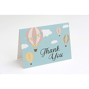 The Invite Lady Hot Air Balloon Thank You Cards Baby Shower Birthday Adventure Awaits Begins Journey Up Up and Away Fly Pink Yellow Blue Polka Dots Pennants (50 Count)