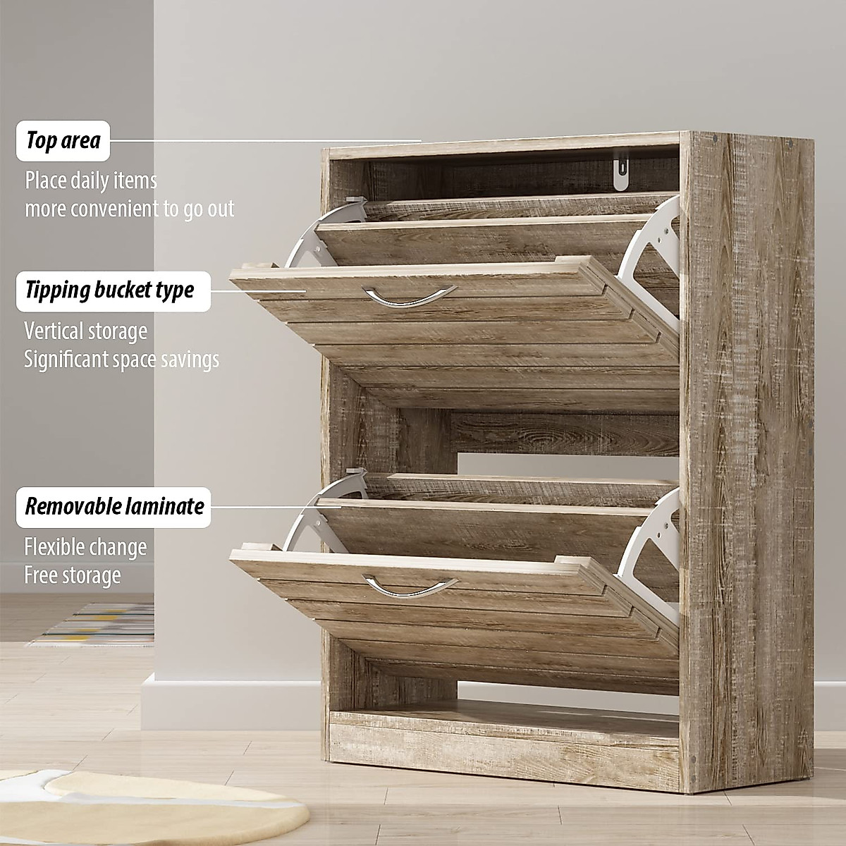 FUFU&GAGA Shoe Storage Cabinet with 2 Flip Drawers for Entryway, Modern, Freestanding Rack Organizer (22.4”W x 9.4”D x 29.5”H) (Light Brown)