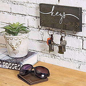 MyGift Keys Design Wall Mounted Rustic Gray Wood Entryway Key Storage Rack with 4 Metal Hanging Hooks