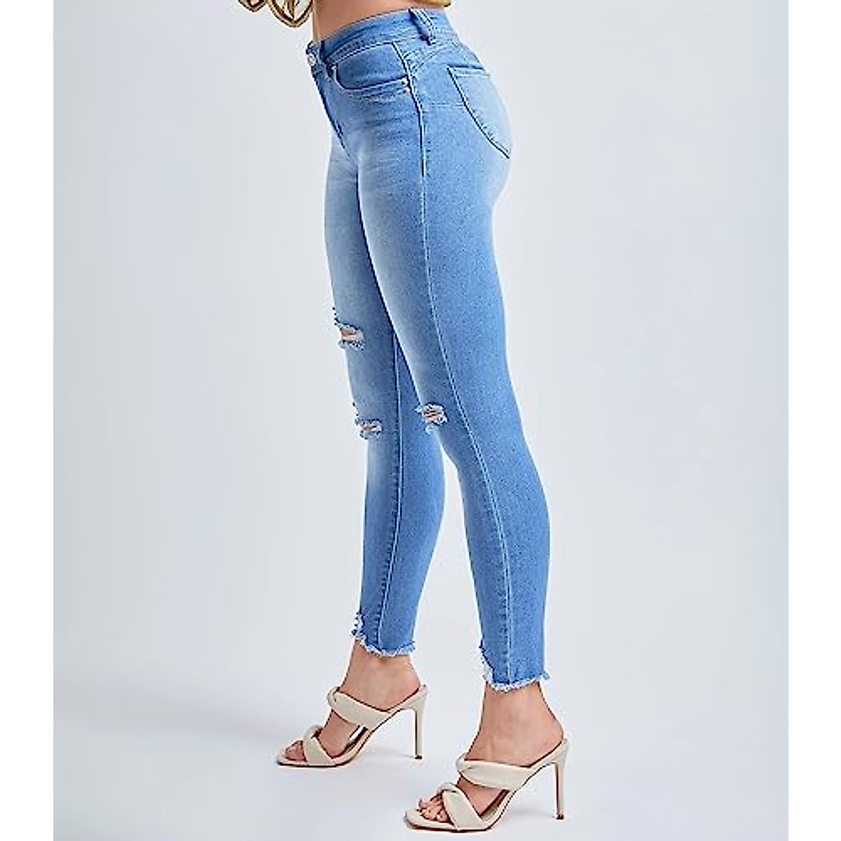 YMI Junior Womens Wannabettabutt Mid-Rise Recycled Fibers Distressed Ankle Denim Jeans (RIPS+Whiskers M1914, 11)