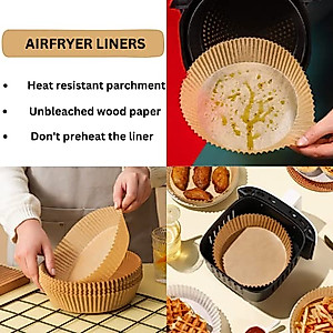 Pack of 128pcs having 100pcs Airfryer Liners 6.3inch with 1pc Silicone Brush, 7pc Compressed Towels And 20pc Disposable plastic gloves for kitchen, Air Fryer Disposable and Non-Stick Paper Liners.
