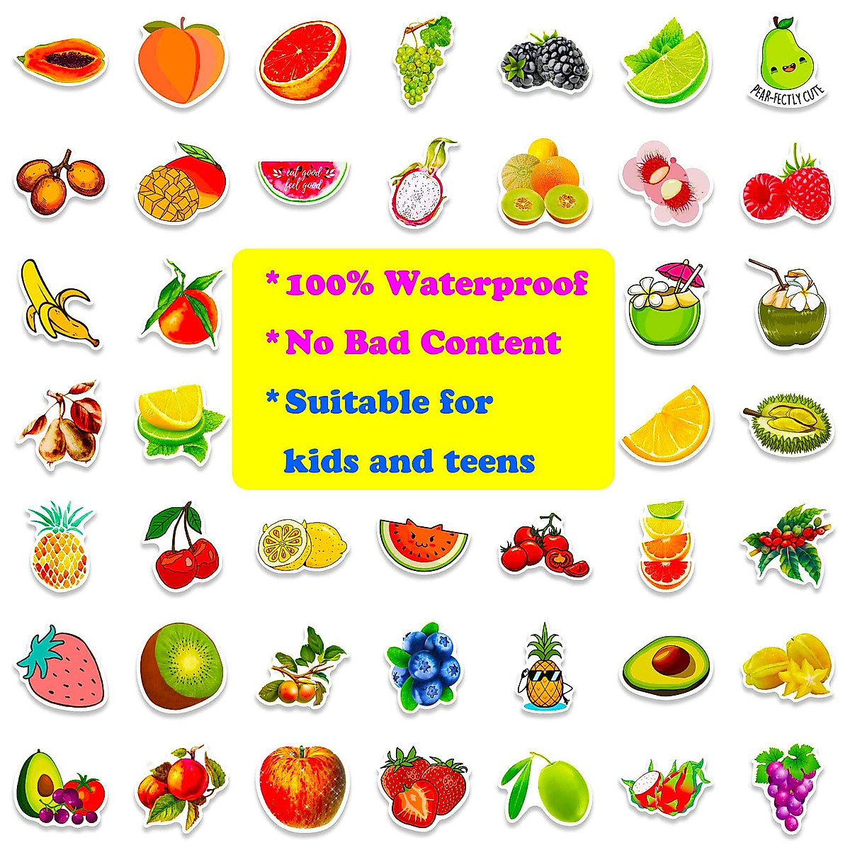 Fruit Stickers, 100 Pcs Cute Fruits Stickers for Kids, Colorful VSCO Waterproof Sticker for Water Bottle Scooter Luggage Laptop Skateboard, Fruits Sticker Bulk Holiday Gifts for Kids Teens Adults