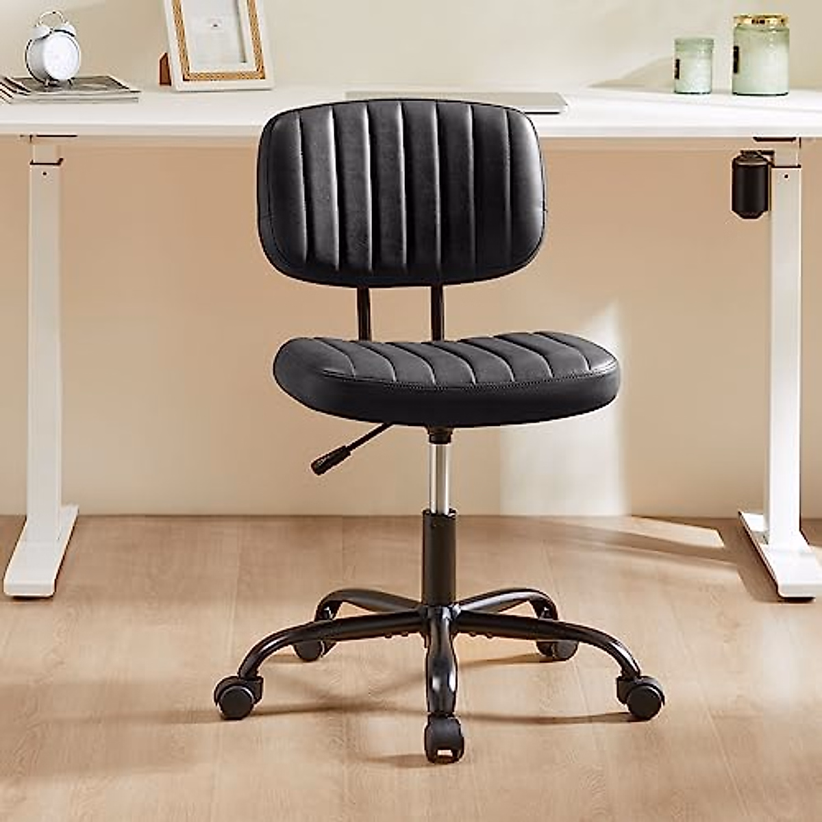 OLIXIS Armless Home Office Desk Chair with PU Leather Low Back Lumbar Support and Wheels, Height Adjustable No Arms for Bedroom, Study Small Space, Black