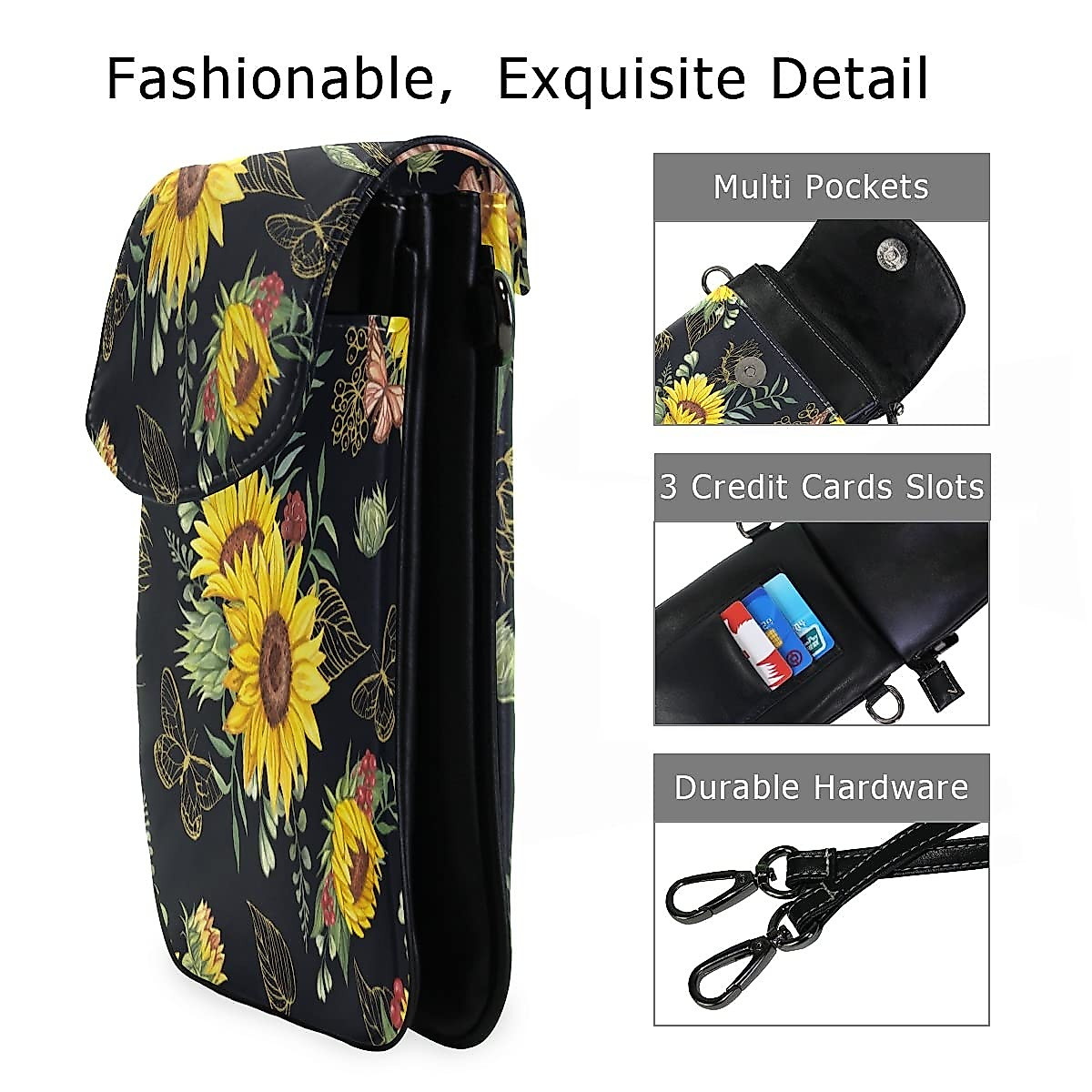 MNSRUU Leather Crossbody Bag Gold Butterflies And Sunflower Cell Phone Pouch Wallet with Credit Card Slots Small Shoulder Bag with Strap for Women