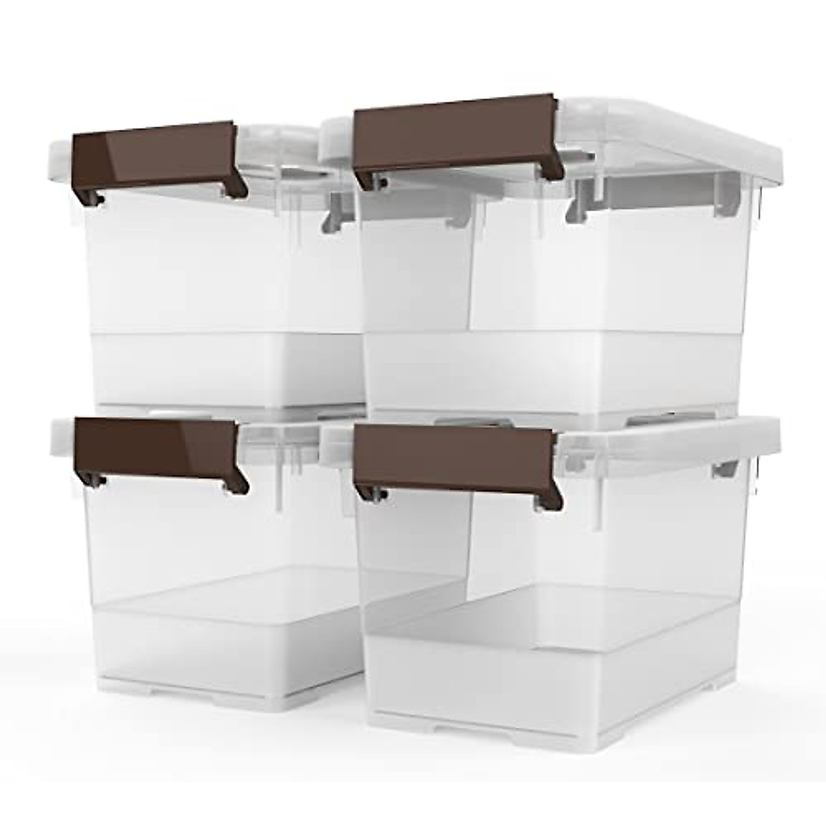 WYT 4 Quart Clear Storage Latch Bins, 4 Pack Clear Stackable Storage Organizer Box with Brown Latching Handle and Lid