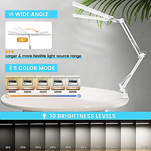 JOSTIC Double Head LED Desk Lamp with Clamp, Desk Lamps for Home Office, 5 Color Modes, 10 Brightness, Architect Task Lamp, Modern Swing Arm Workbench Office Lighting, Dimmable Brightest Light, White