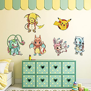Kids Wall Decals Peel and Stick Removable Vinyl Cartoon Wall Stickers for Poke-Pika Room Decal Nursery Boys Girls Kids Bedroom Playroom Wall Decor