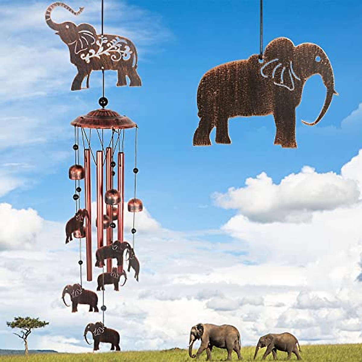 Iwaiting Outdoor Elephant Wind Chimes for Outside with Relaxing Rich Sound, Memorial Windchimes Gifts for Mom,Great Gift for Your Own Patio, Porch, Garden, and Backyard.