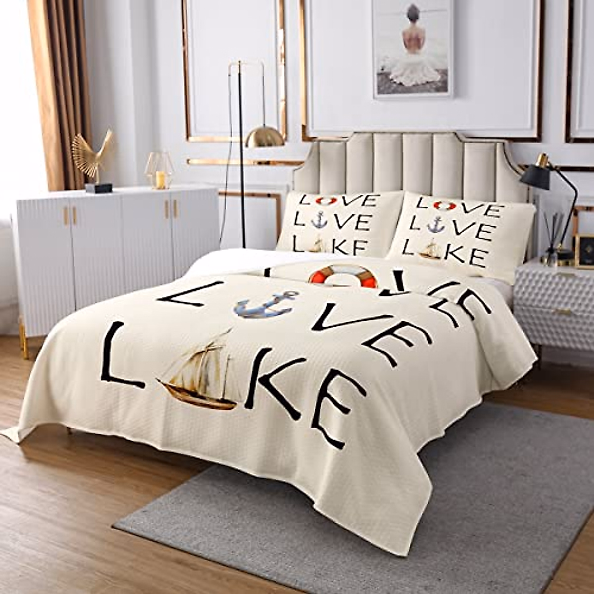 Lake House Quilt Set Twin Size, Nautical Anchor Bedspread Set For Kids Boys Teens Adult, Retro Sailboat Coverlet Set Lakehouse Rustic Beding Set Spring Summer Home Decoration With 1 Pillow Case