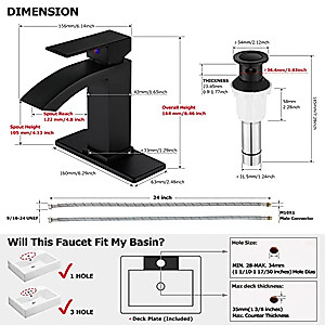 EZANDA Brass Waterfall Bathroom Faucet with Extra Large Rectangular Spout, Deck Plate, Pop-up Drain Assembly & Water Supply Hoses Included, Matte Black, 14254