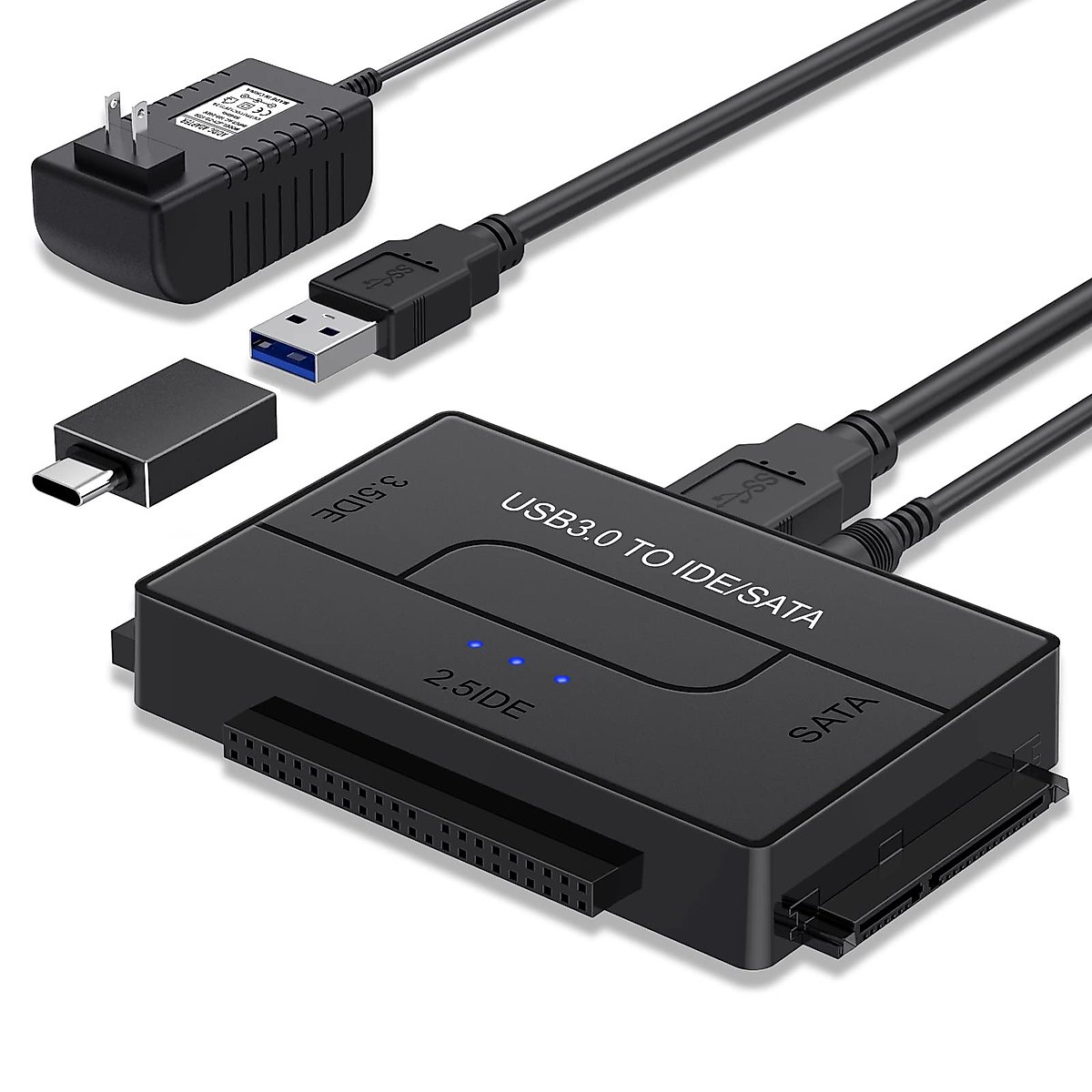 USB 3.0 to SATA IDE Hard Drive Reader, YINNCEEN External Hard Drive Ultra Recovery Converter Universal Hard Drive Adapter Kit for 2.5/3.5 HDD/SSD Hard Drive Disk, Include 12V/2A Power Adapter
