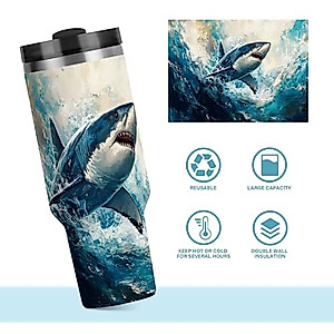 Flradish 40oz Tumbler with Handle, Shark Stainless Steel Tumbler with Lid and Straws Double Wall Vacuum Insulated Leakproof Coffee Travel Mug