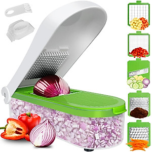 LHS Vegetable Chopper-Multifunctional Onion Chopper Dicer Sala Potato Cutter Cheese Grater Vegetable Food Slicer With Container-5 Blades(Green)