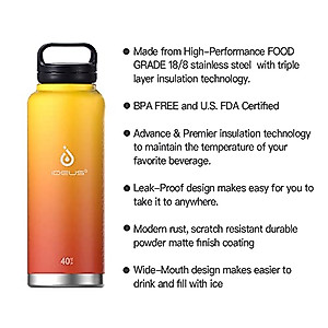 IDEUS Insulated Stainless Steel Water Bottle with 2 Leak-Proof Lids, Thermal Water Flask for Hiking Biking, 40oz, Yellow