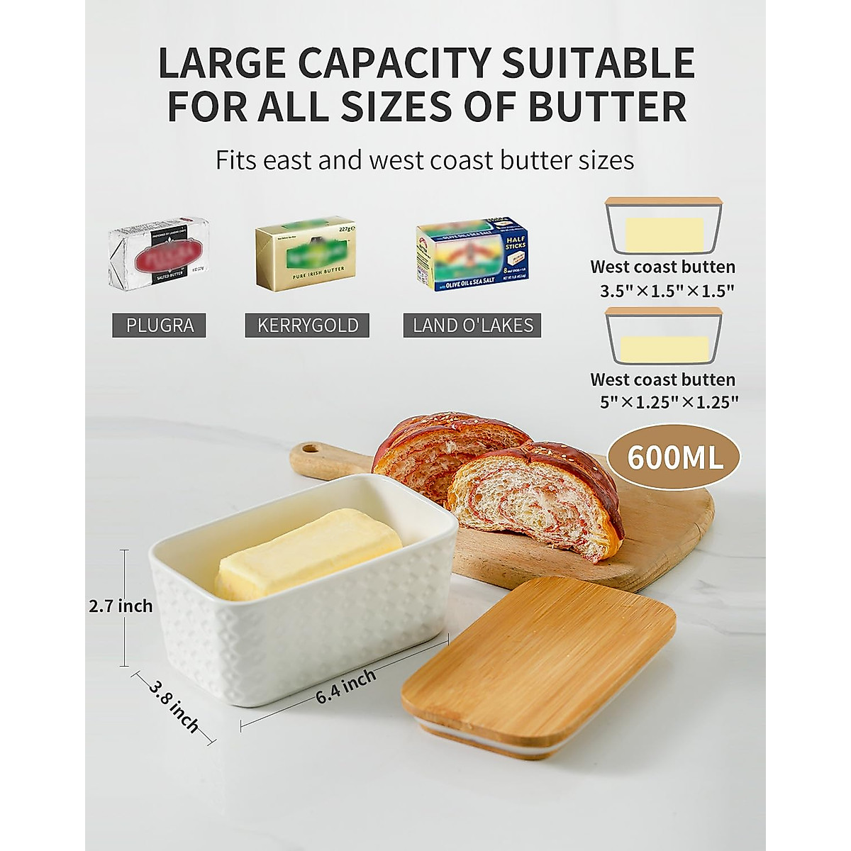 Hasense Large Butter Dish with Lid for Countertop - Farmhouse Ceramic Butter Container Holder with Cover for Fridge,Silicone Sealing,White Embossed Pattern,Holds Two Sticks of Butter